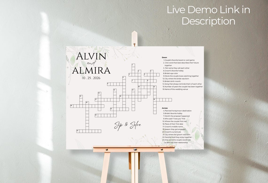 Custom Wedding Crossword Puzzle, Sip & Solve Game (digital Download ...