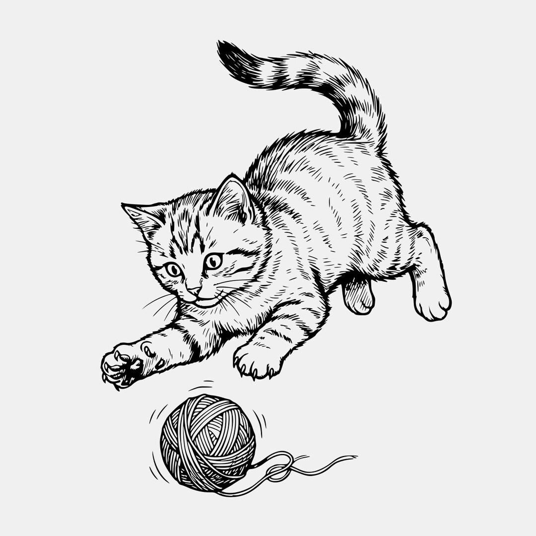 Kitten Pouncing Yarn SVG PNG : Line Art Design (digital Download) - Etsy