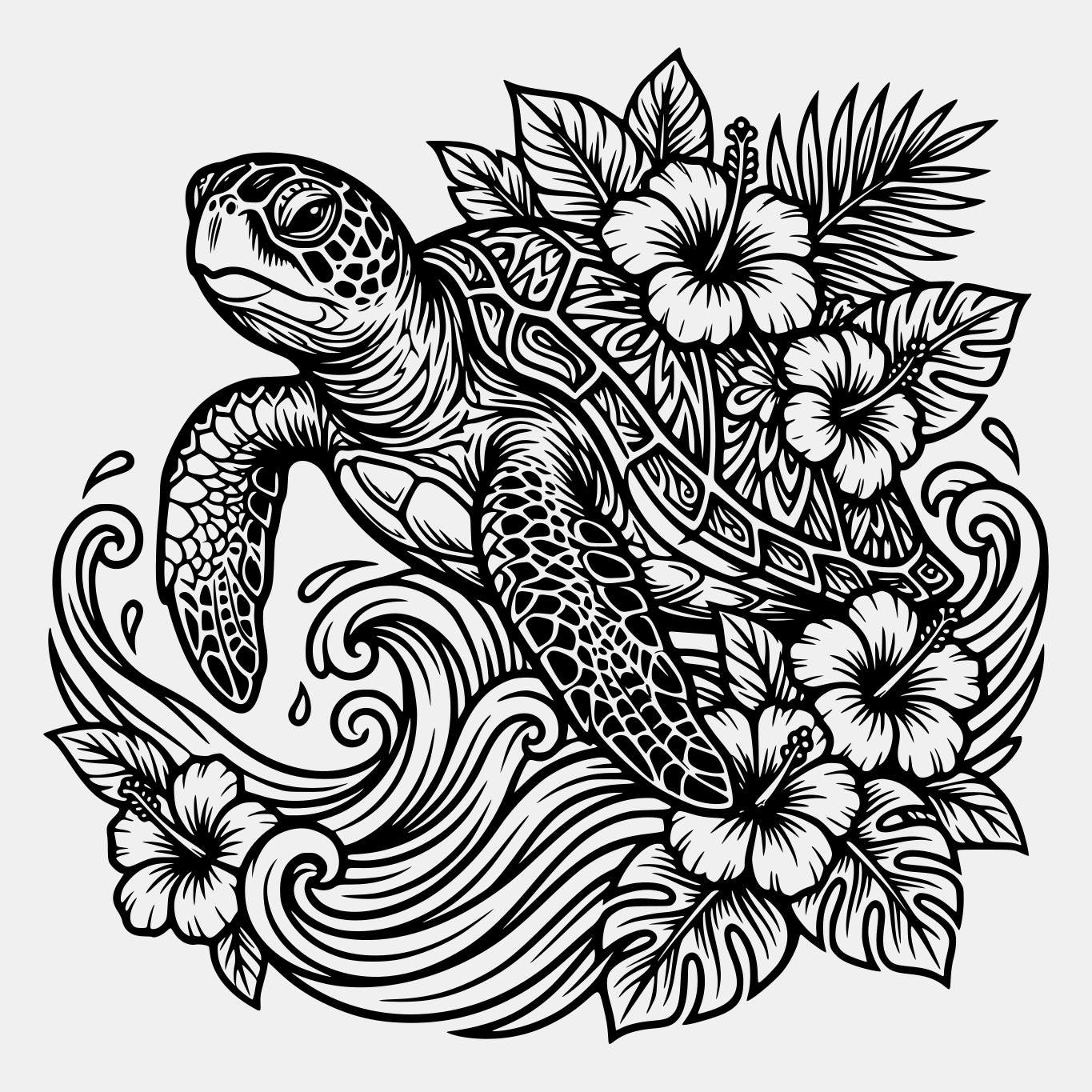 Hawaiian Sea Turtle SVG, Tropical Hibiscus Flower Line Art, Ocean Wave ...