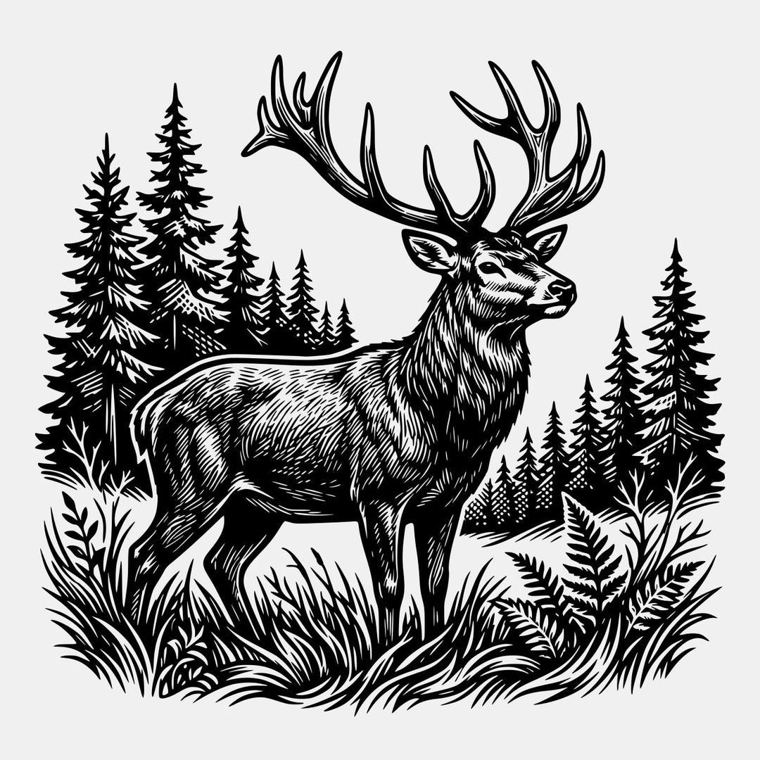 Bold Woodcut Buck: Forest Scene Art (SVG & PNG) - Etsy