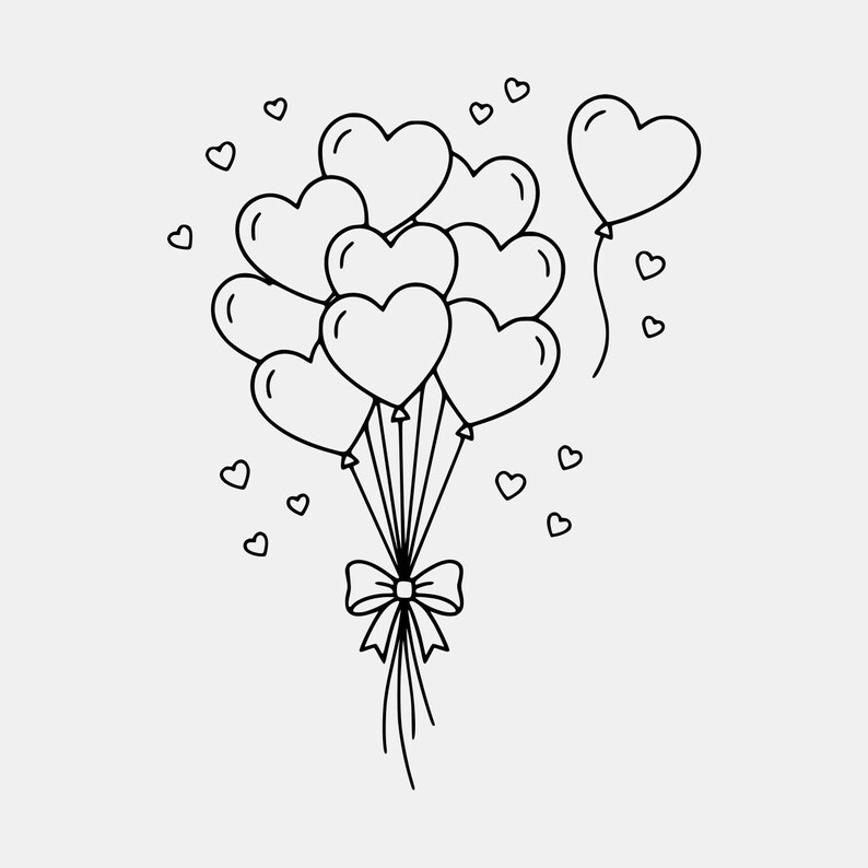 Heart Balloons Line Art, Romantic Clipart (SVG, PNG, JPG Digital ...