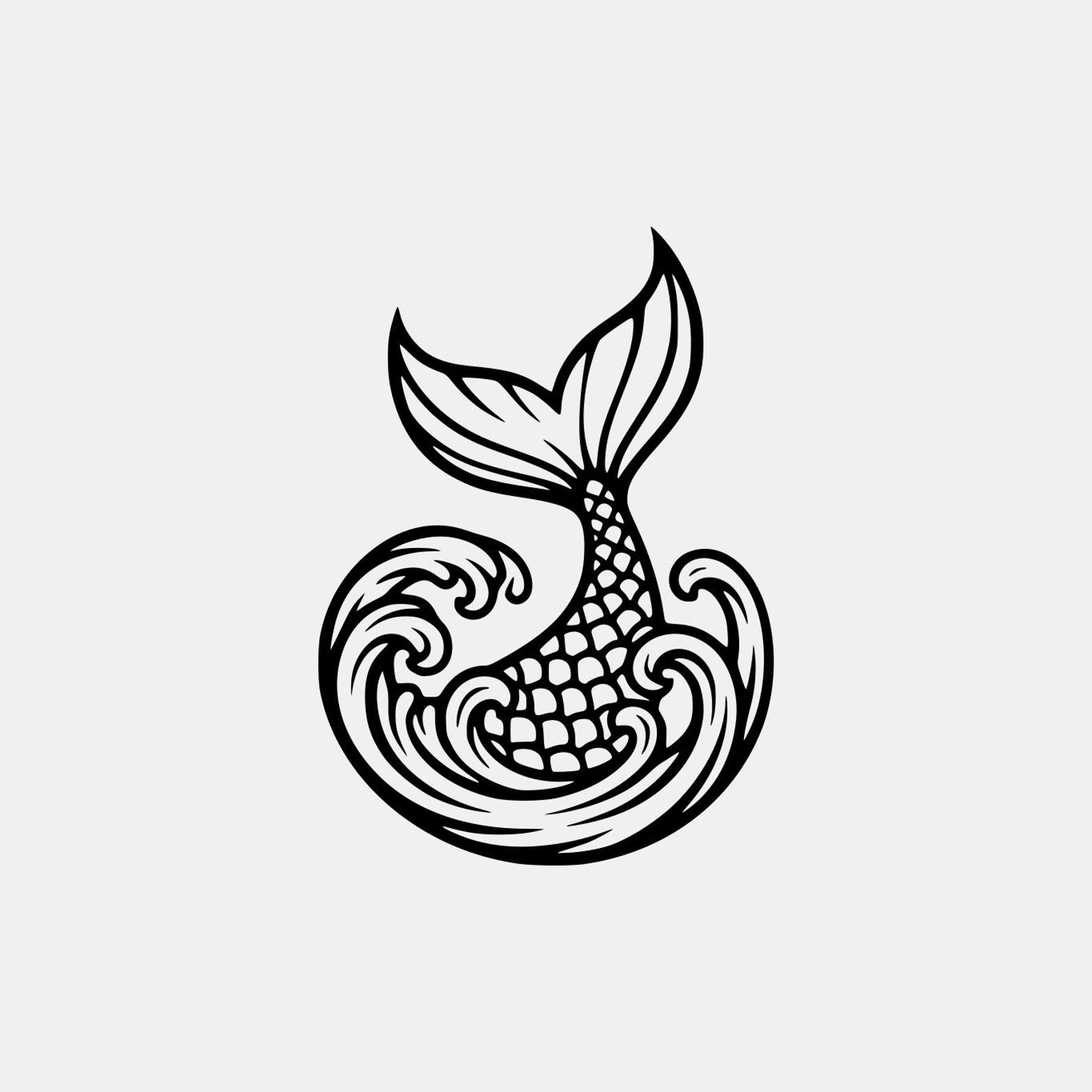 Mermaid Tail Wave SVG, Ocean Clipart Outline, Nautical Tattoo Design ...
