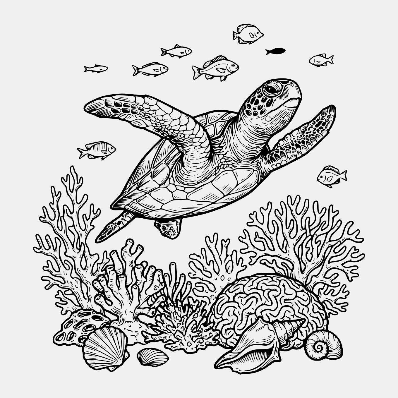 Sea Turtle Gliding SVG PNG: Detailed Line Art for Cricut (digital ...