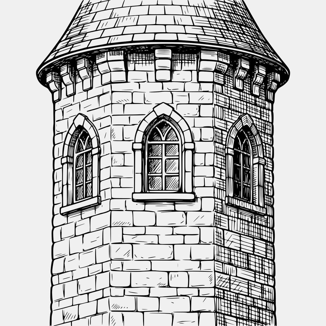 Fairy Tale Castle Turret Sketch, Medieval Tower Window Line Art, Gothic ...