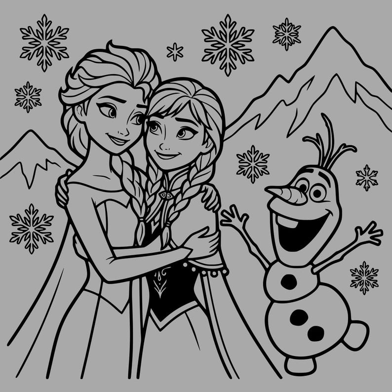Frozen Anna Elsa Olaf Hugging Line Art SVG, Disney Princesses Coloring ...