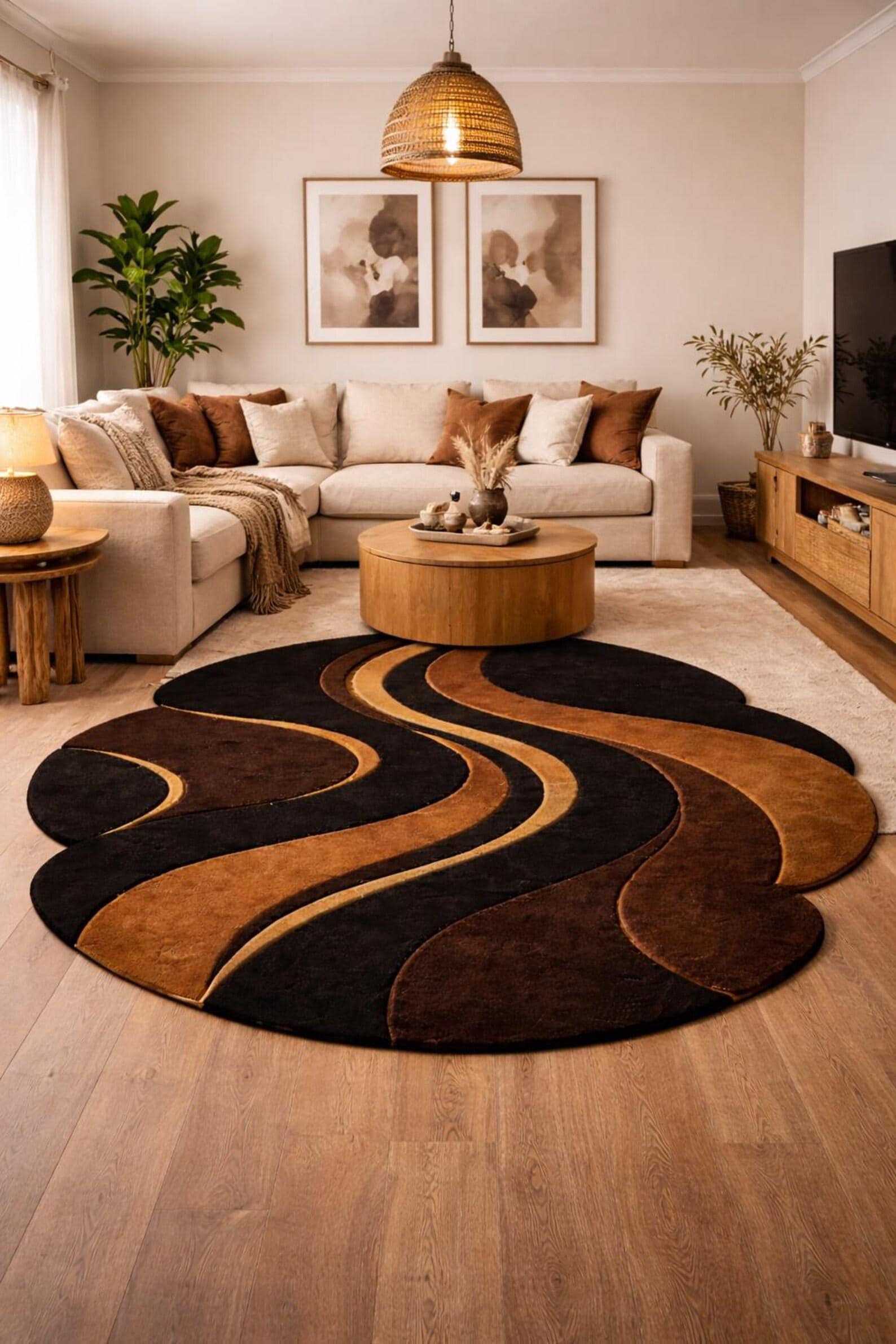 Modern Abstract Round Rug Hand Tufted Wool Carpet Brown Black Area Rug ...