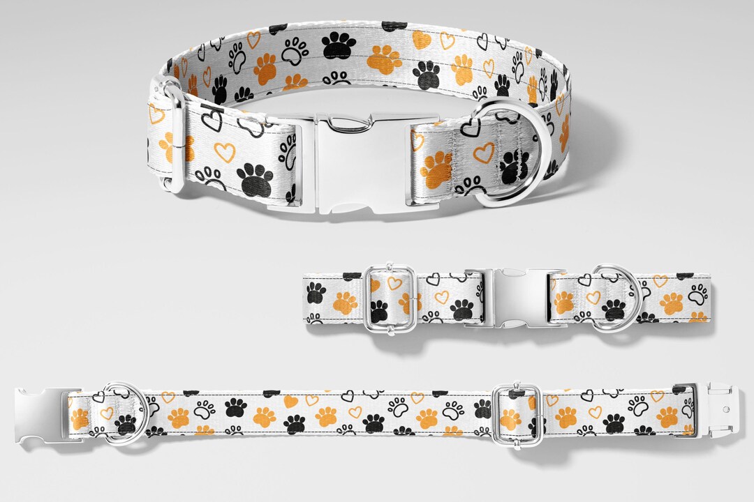 Dog Collar With Paw Prints and Hearts, Grey and Orange, Robust Snap ...