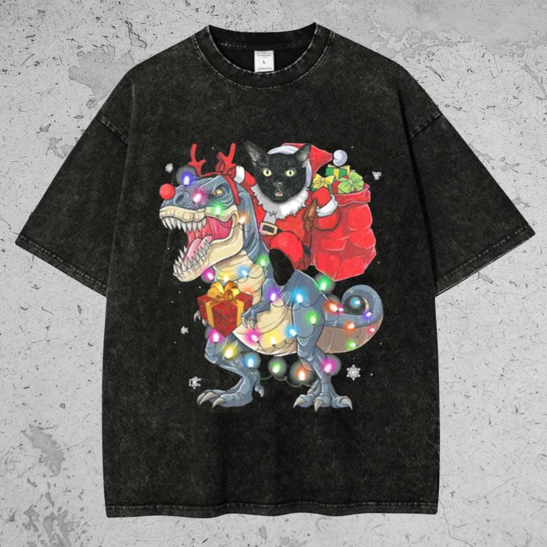 Cat Riding A Dinosair T Rex Christmas Shirt, Santa Cat Riding T-rex ...