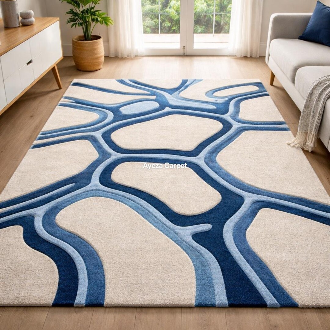 Blue Abstract Area Rug, Modern Wavy Line Design, Contemporary Home ...