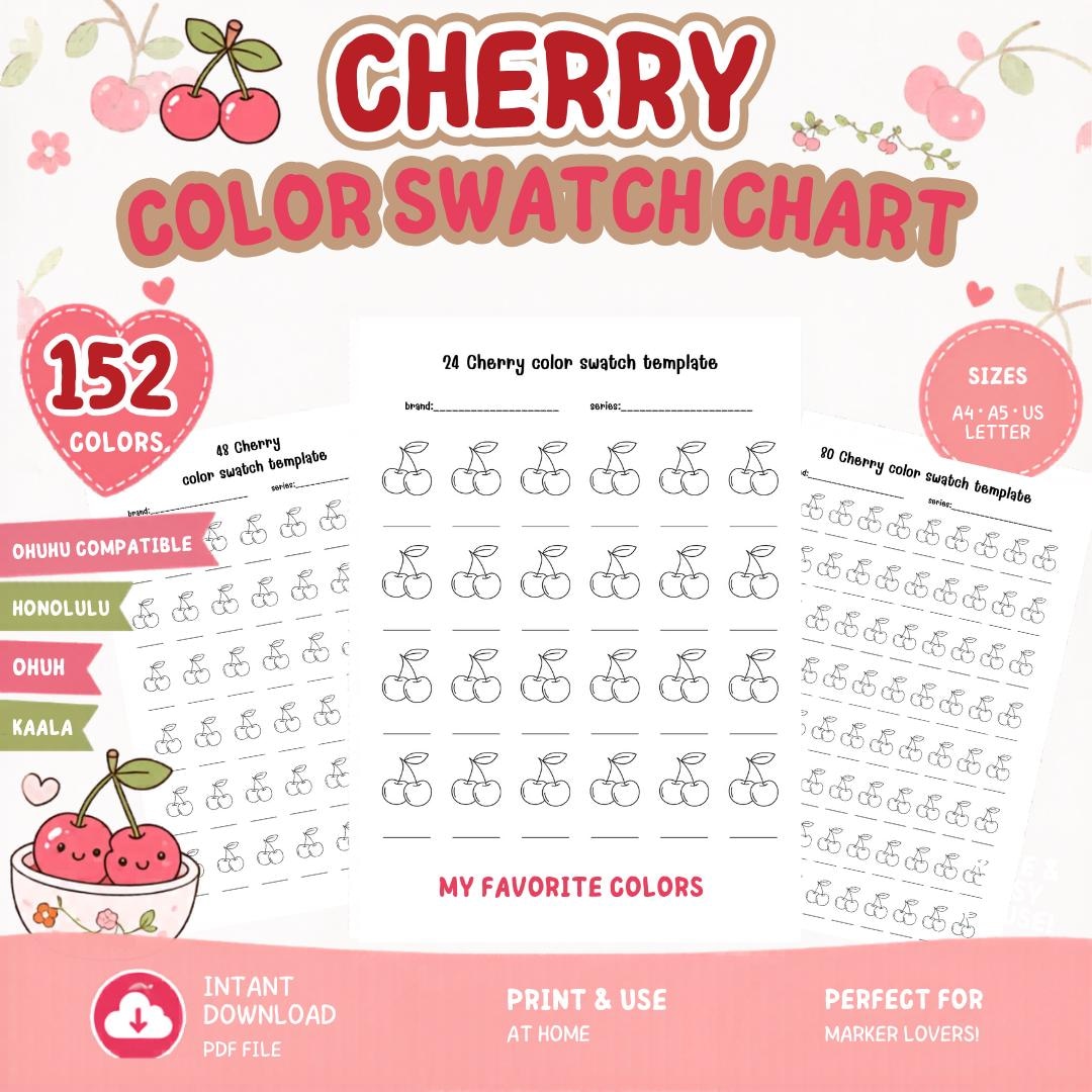 Cute Marker Swatch Chart Printable PDF, Cherry Theme Color Tracker for ...