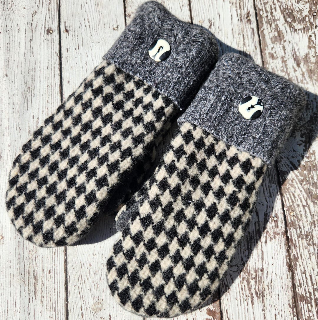 Wool Recycled Felted Wool Sweater Mittens- Black and White Houndstooth ...