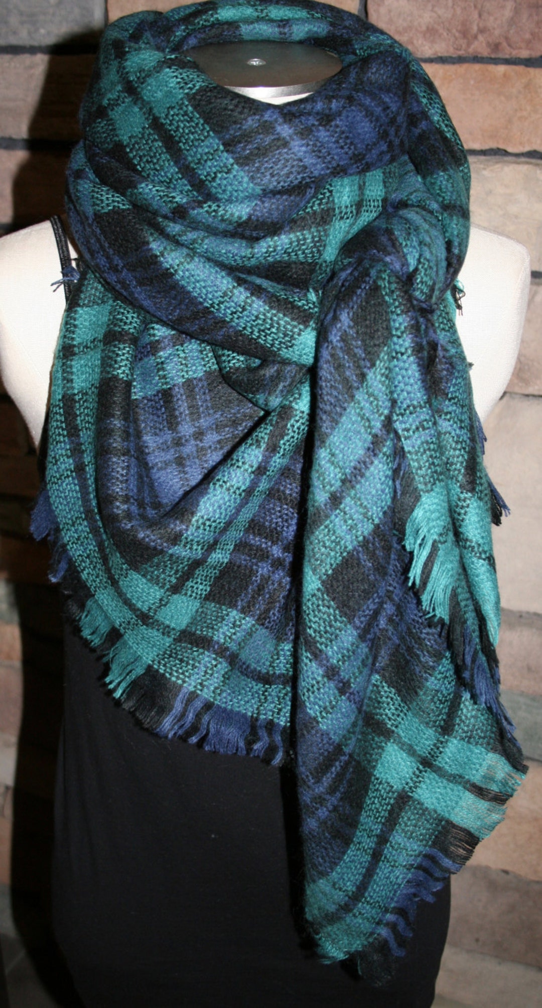 Plaid Tartan Blanket Scarf: Navy & Green Acrylic-wool Blend - Etsy