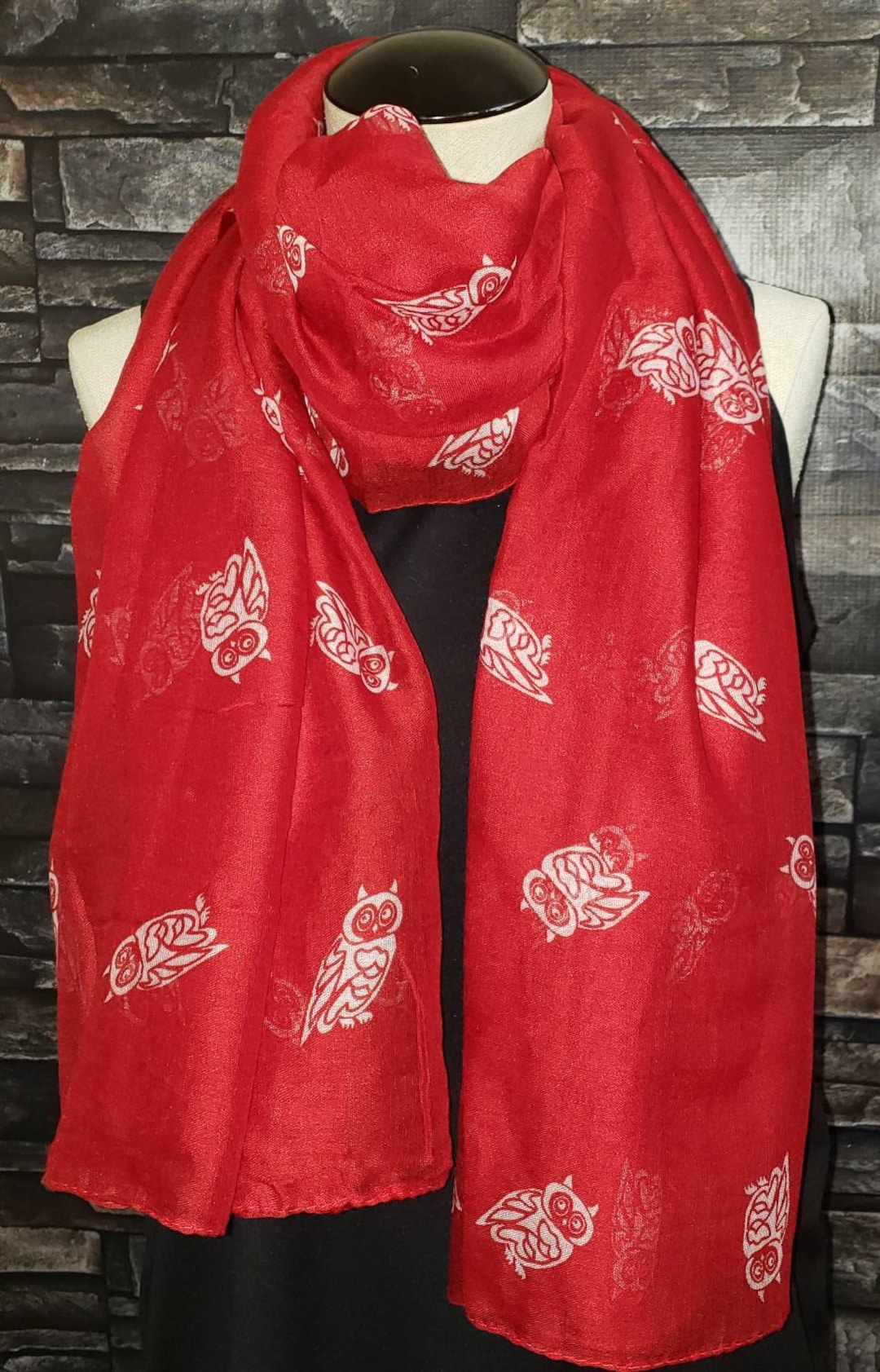 Red Owl Fashion Scarf- White Owl Scarf -red and White Chunky Long Scarf ...