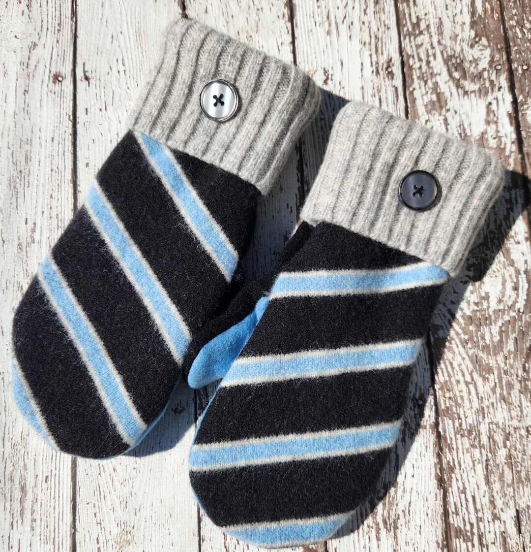 Upcycled Wool Mittens Blue and Black Stripe Wool Fleece Lined Mittens ...