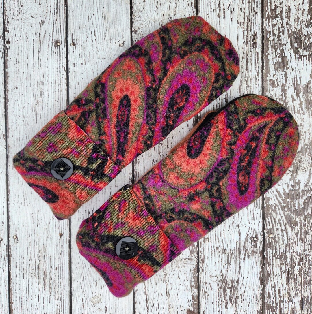 Wool Recycled Felted Wool Sweater Mittens-paisley Print OOAK Upcycled ...