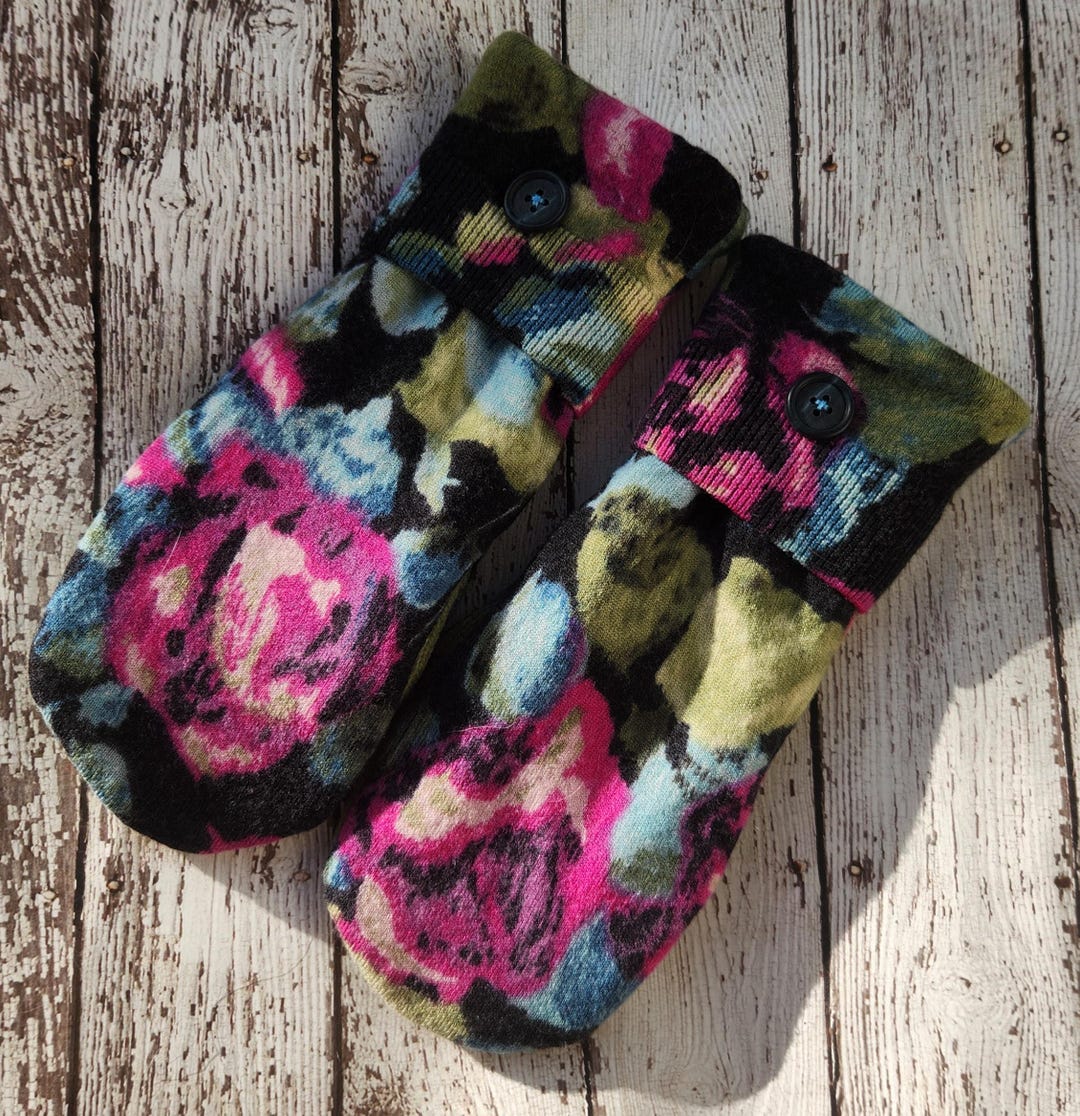 Wool Recycled Merino Wool Sweater Mittens-floral Print OOAK Upcycled ...