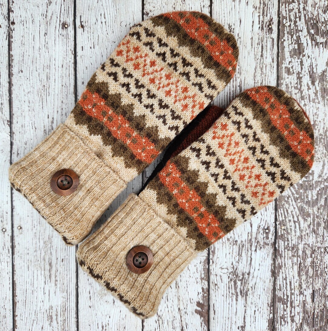 Wool Recycled Felted Wool Sweater Mittens-brown and Orange Fairisle ...