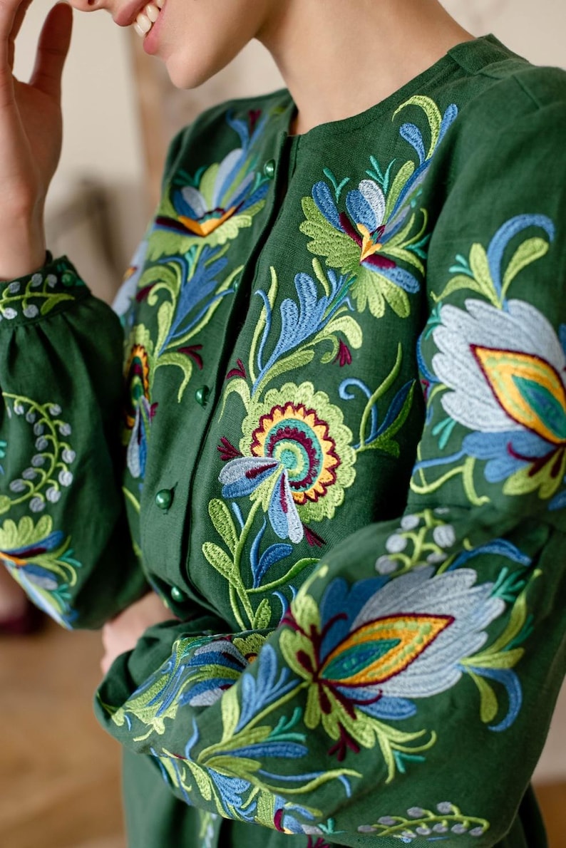 Green Embroidered Linen Dress, Ukrainian Vyshyvanka Midi Outfit, Floral ...