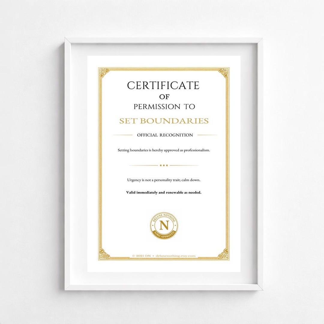 Certificate of Permission to Set Boundaries | Work Boundaries Printable ...