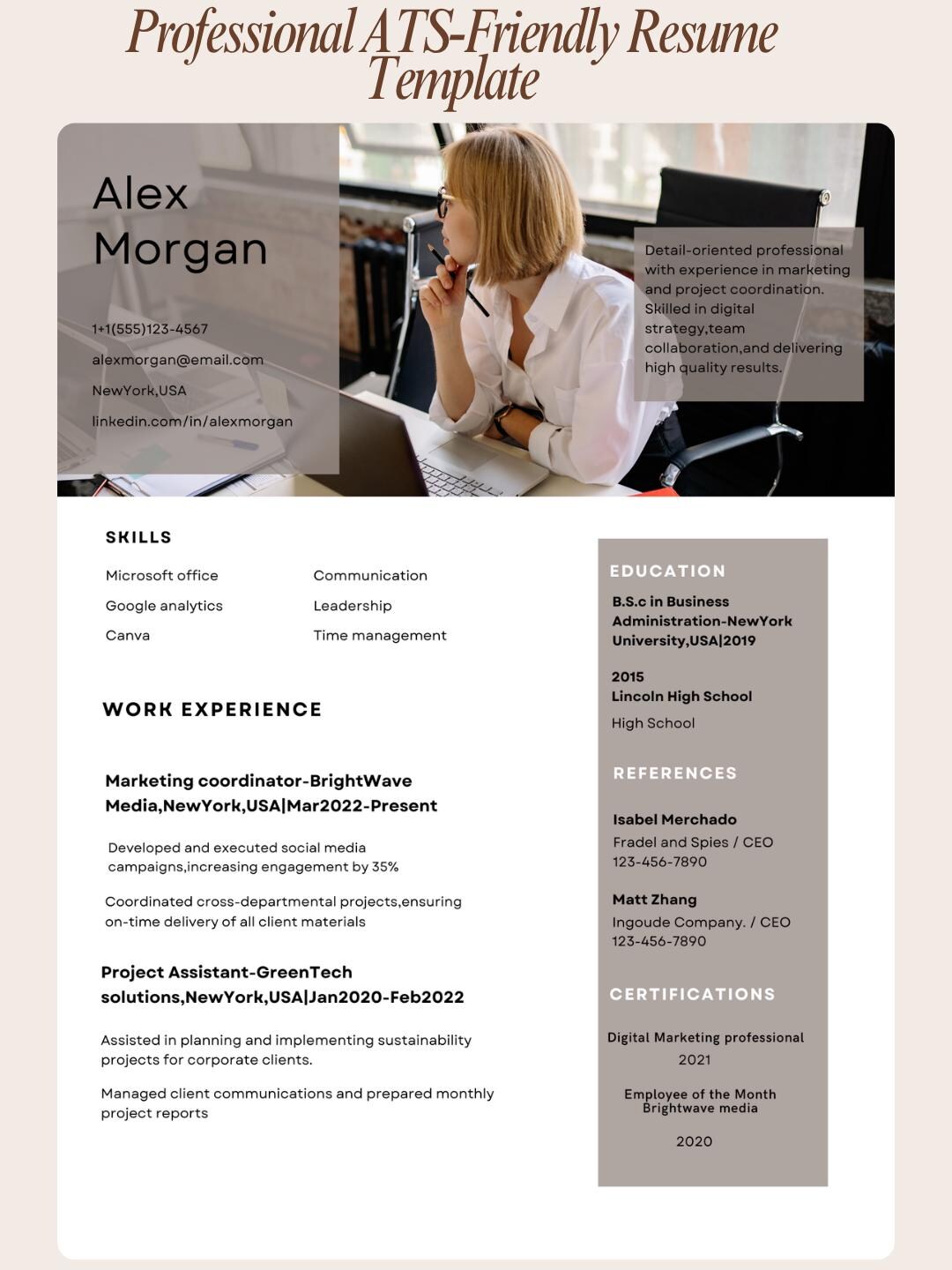 Modern One Page Resume Template | ATS Friendly CV ,one Page Resume ...