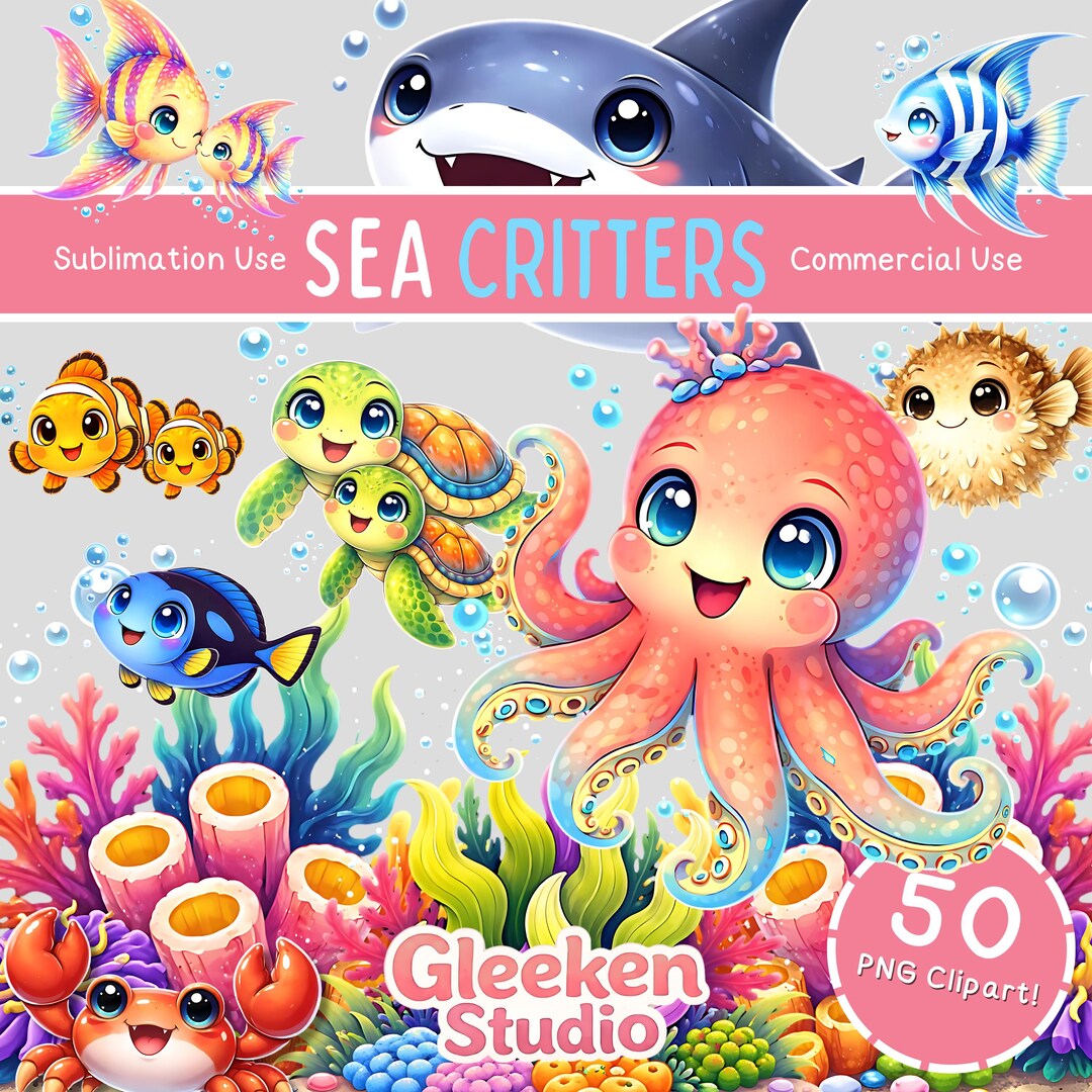 Cartoon Sea Critters Clipart, Cartoon Critters, Vibrant Sea Animals PNG ...