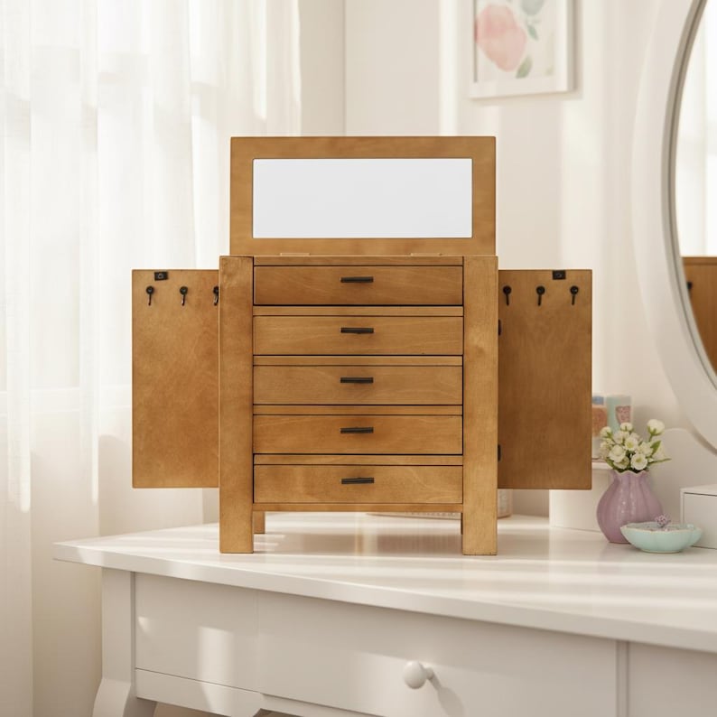 Wooden Jewelry Box With Drawers & Necklace Hooks – Gift for Women ...