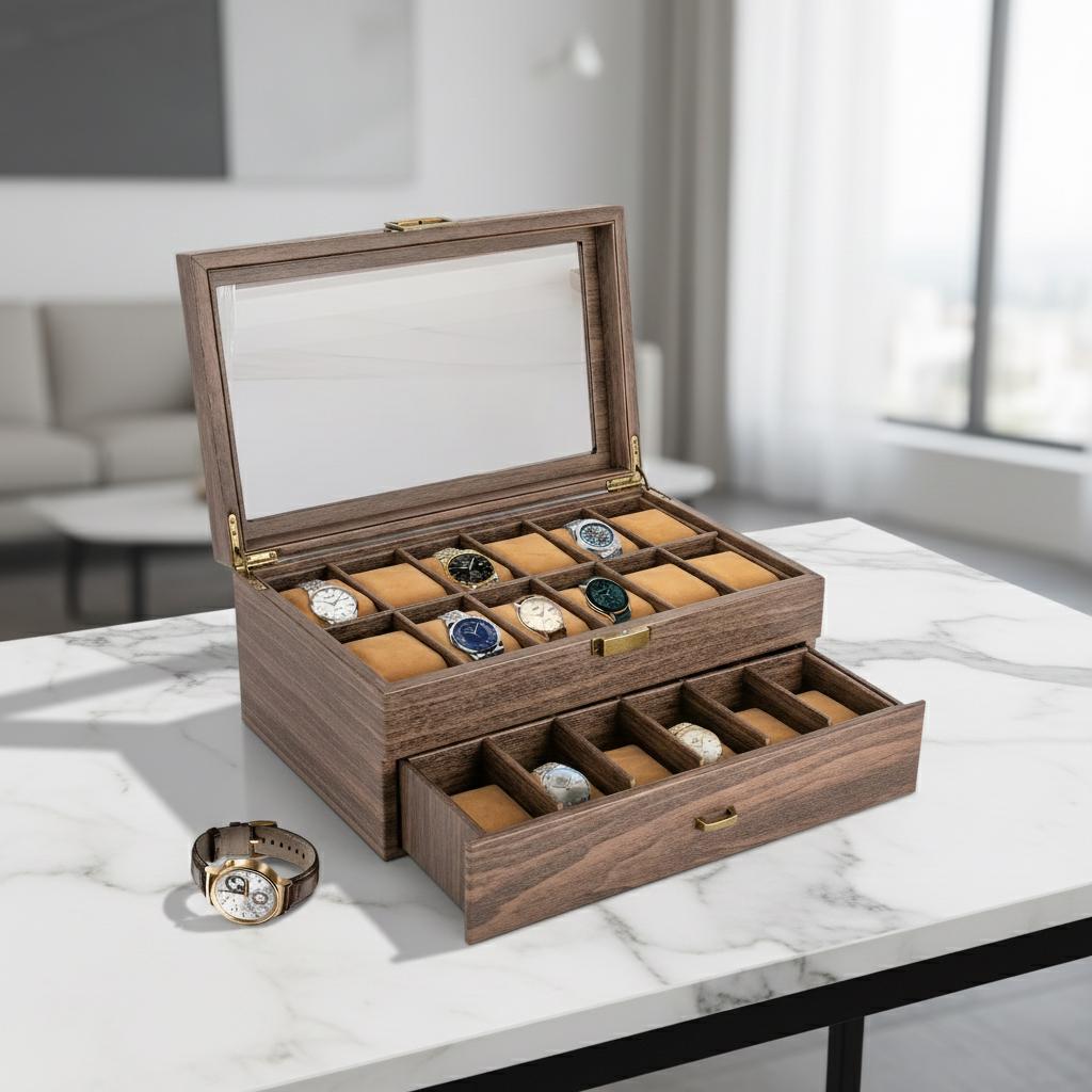 Watch Box Organizer – 24-slot Wood-grain Case With Glass Lid & Drawer ...