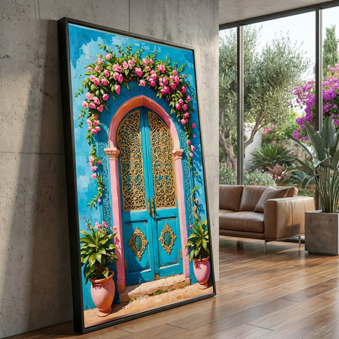 Blue Floral Archway Canvas Print, Mediterranean Door Wall Art - Etsy