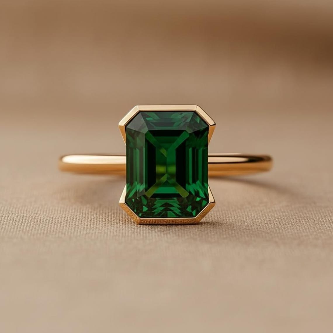 Vintage Emerald-cut Green Emerald Half Bezel Engagement Ring in 14K ...