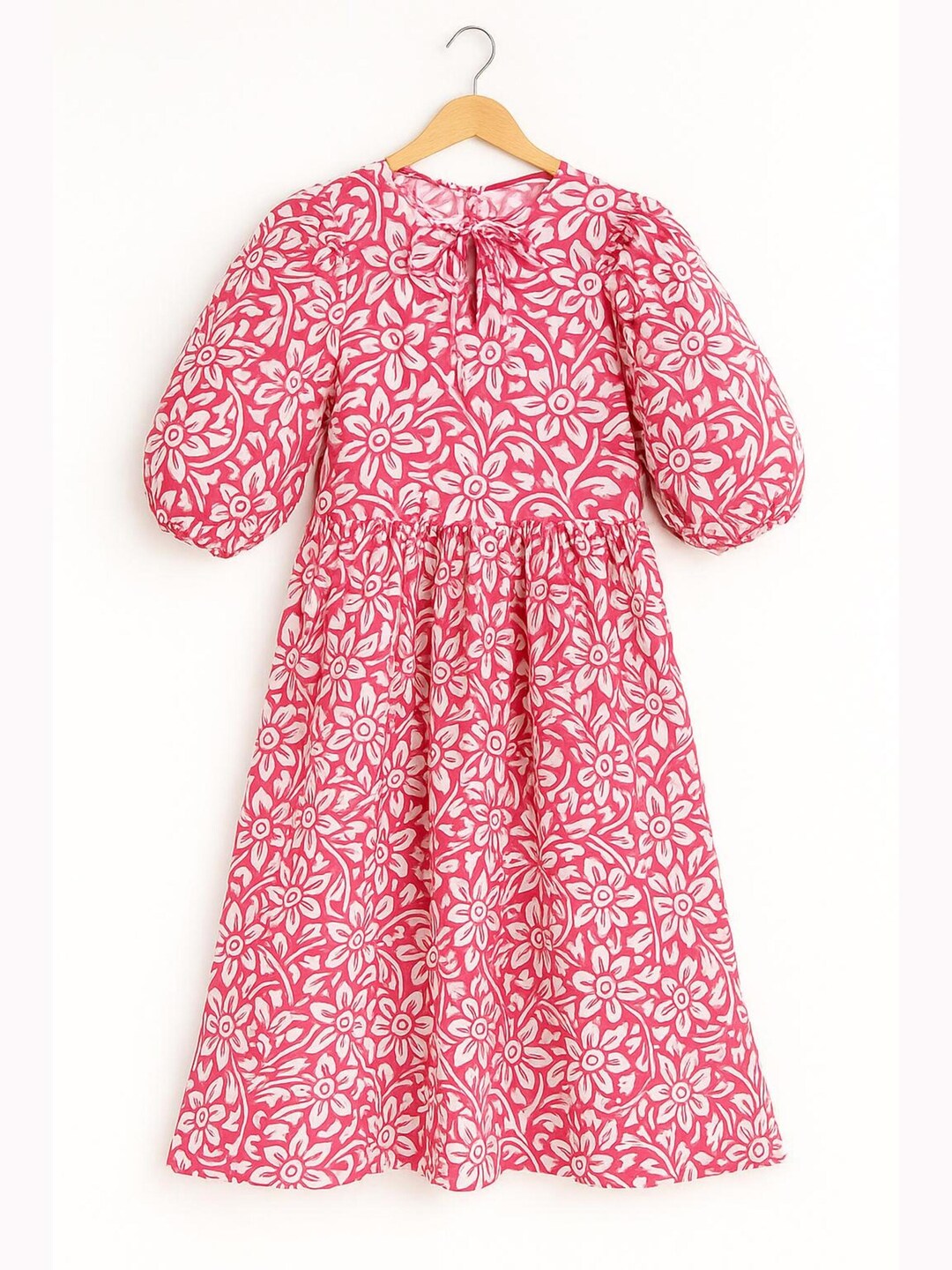 Pink Floral Block Print Cotton Midi Dress: Mini, Summer Women Clothing ...