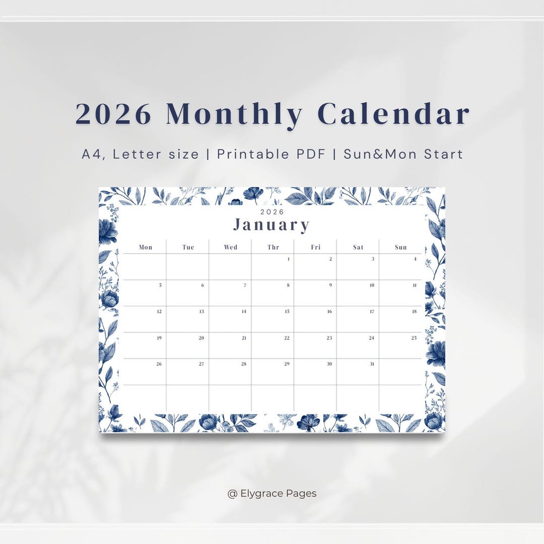 2026 Monthly Calendar Printable for Simple Planning Minimalist Blue ...