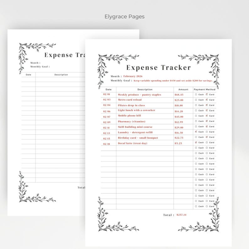 Botanical Expense Tracker Printable and Fillable Monthly Spending Log ...