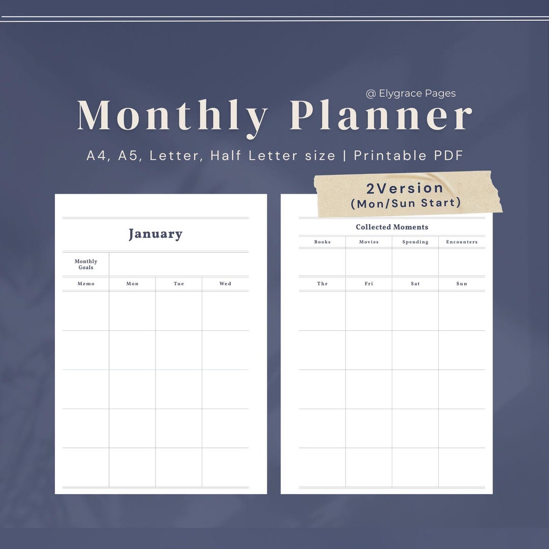 Undated Monthly Planner Printable Month at a Glance Two Page Layout PDF ...