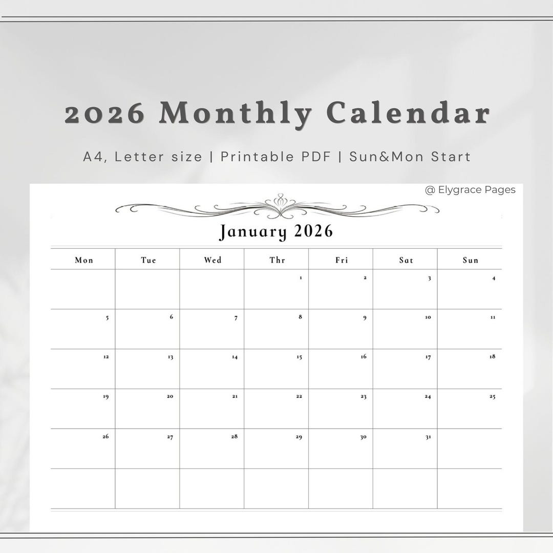 2026 Minimalist Monthly Calendar Printable Classic Clean Landscape PDF ...