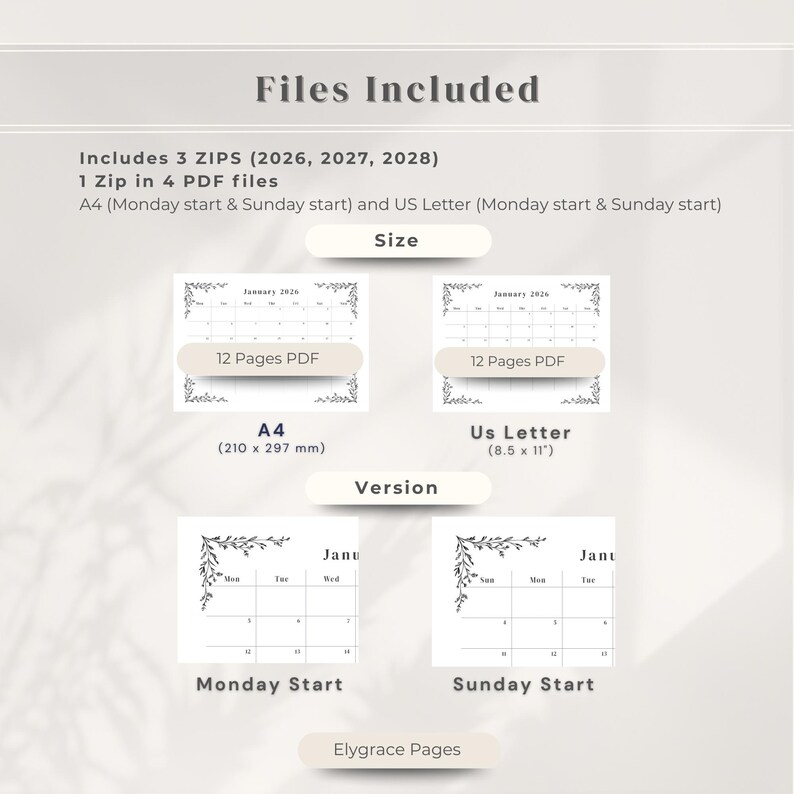 2026 2027 2028 Monthly Calendar Printable: Botanical Minimalist, A4, US ...