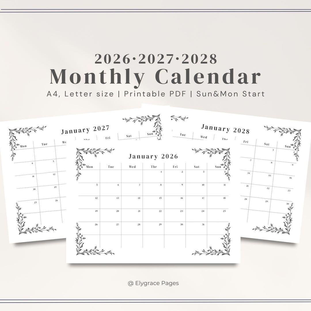 2026 2027 2028 Monthly Calendar Printable: Botanical Minimalist, A4, US ...