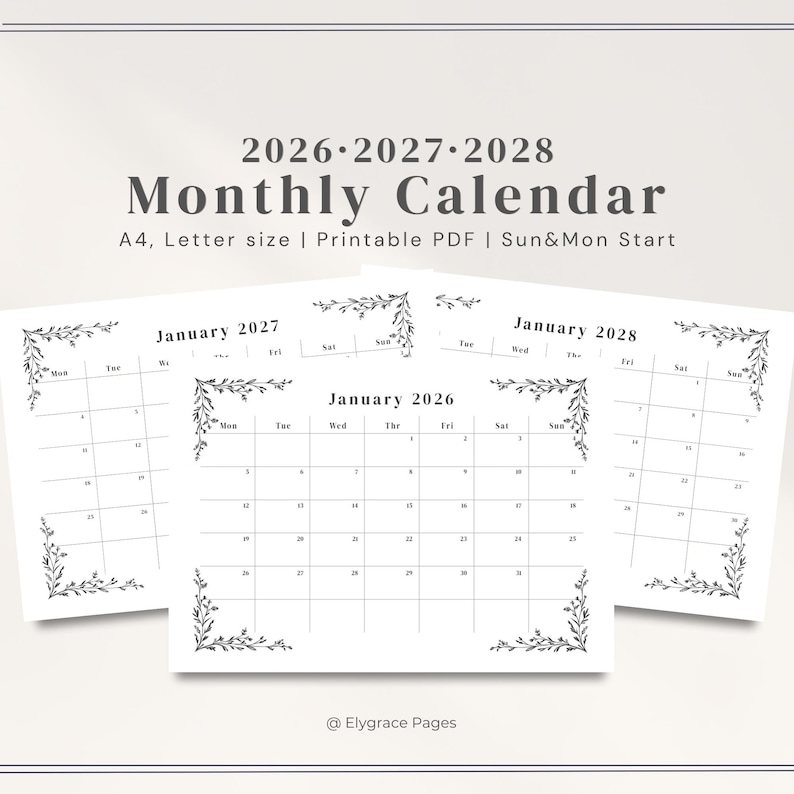 2026 2027 2028 Monthly Calendar Printable: Botanical Minimalist, A4, US ...
