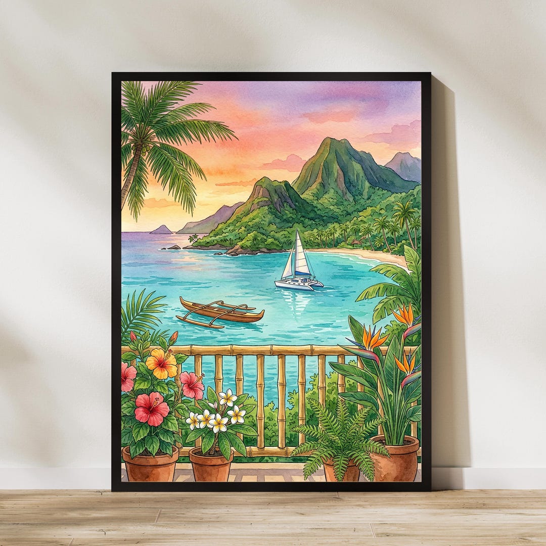Tropical Island Balcony View With Sailboat, Palm Trees and Mountains at ...