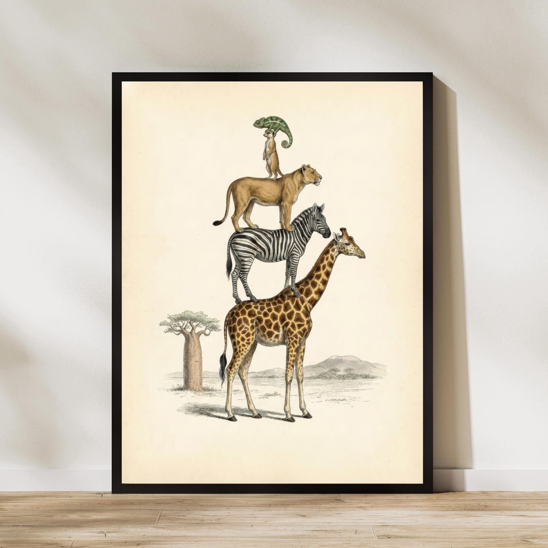 African Safari Animal Stack Print Giraffe Zebra Lion Meerkat Chameleon ...