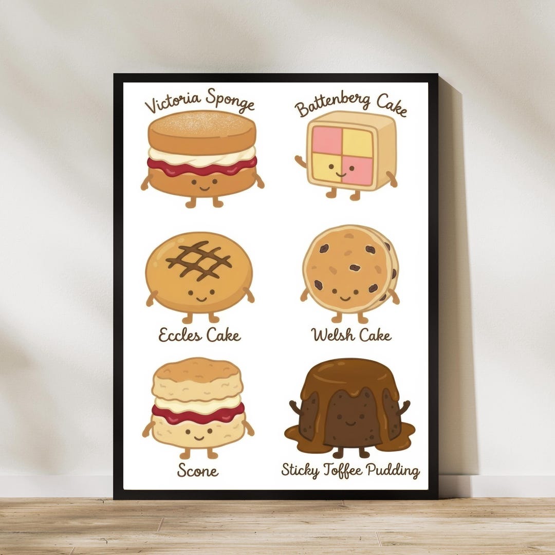 Cute British Cakes Illustration Art Print Victoria Sponge Battenberg ...