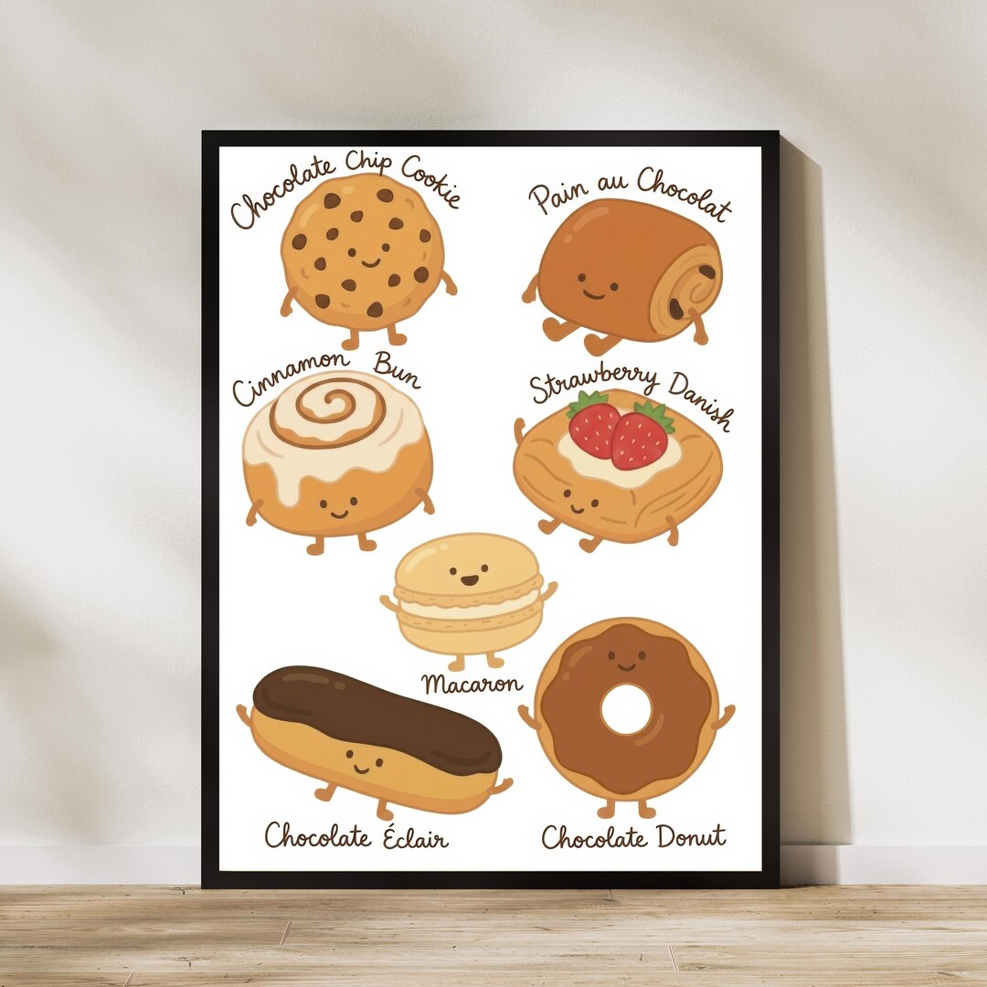 Cute Pastry Wall Art Cartoon Bakery Illustration Print Sweet Dessert ...