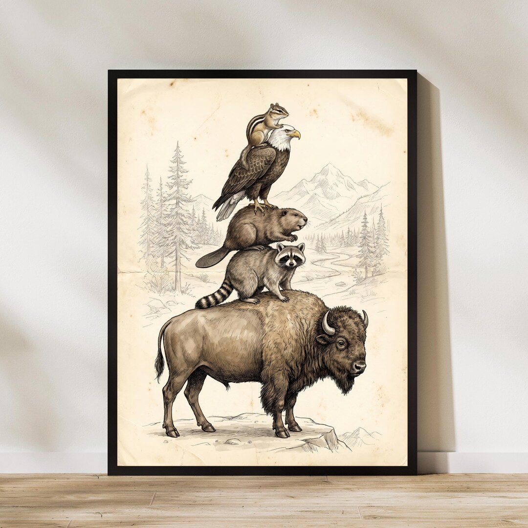 North American Animal Tower Print Vintage Wildlife Wall Art Bison ...