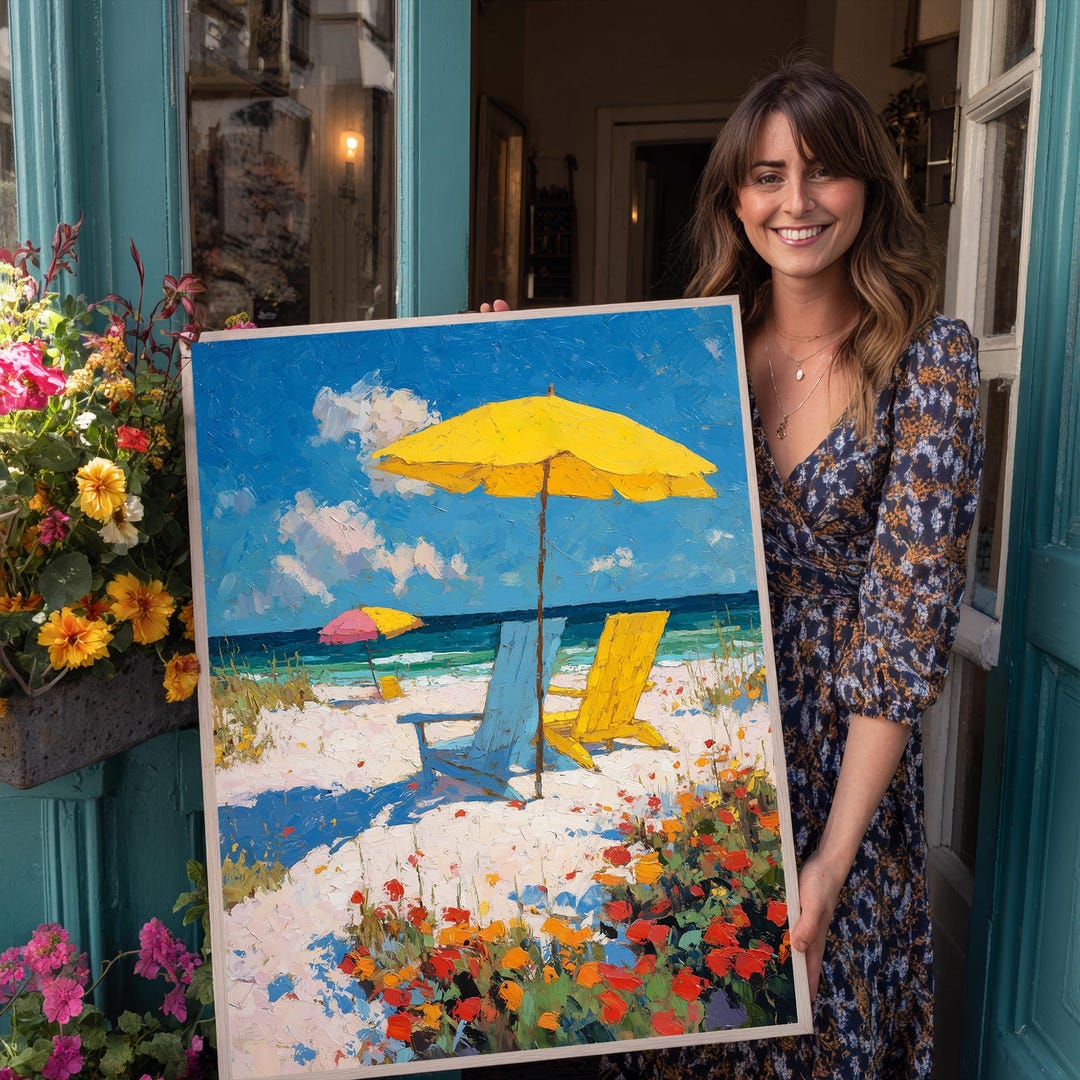 Original Hand Painted Beach Scene Oil Painting, Colorful Umbrella and ...