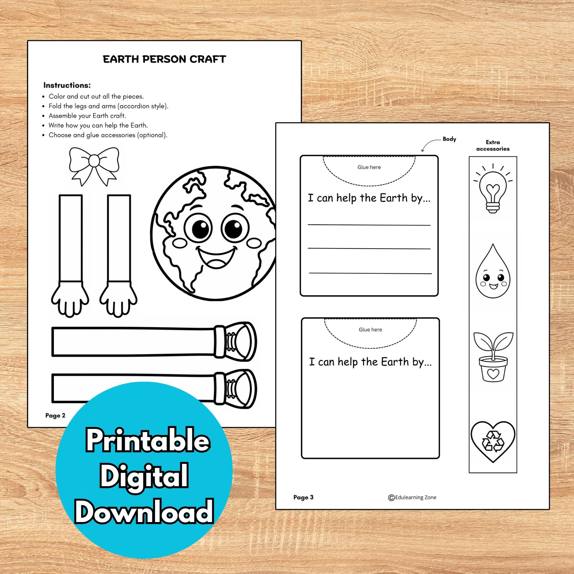 Earth Day Man Craft Printable, Earth Person Craft Boy & Girl, Writing ...
