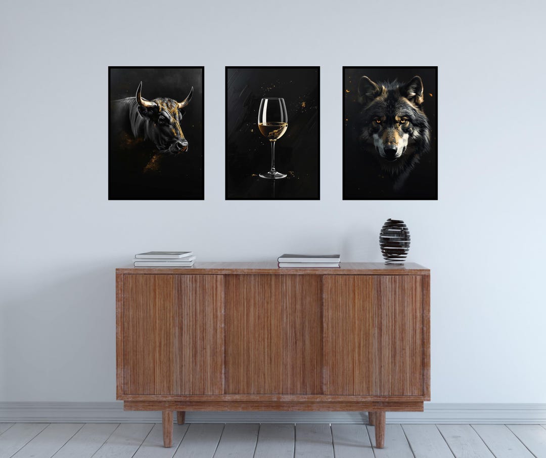 Modern Wall Art Set, Animal Prints Bull Wolf With Wine Glass Decor ...