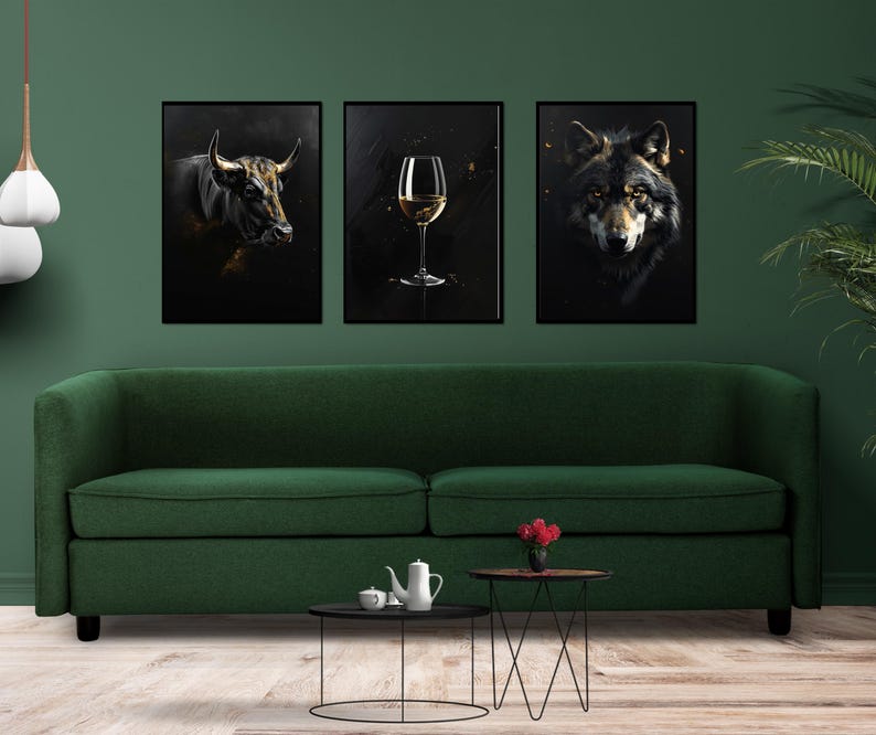 Modern Wall Art Set, Animal Prints Bull Wolf With Wine Glass Decor ...