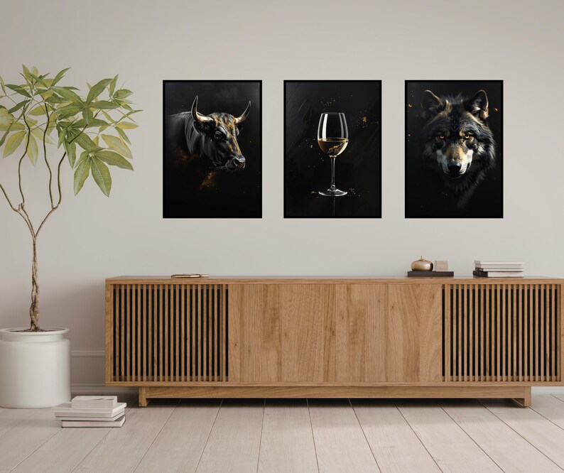 Modern Wall Art Set, Animal Prints Bull Wolf With Wine Glass Decor ...
