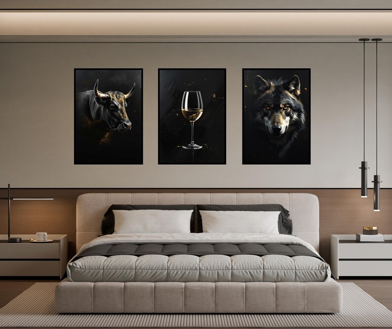 Modern Wall Art Set, Animal Prints Bull Wolf With Wine Glass Decor ...