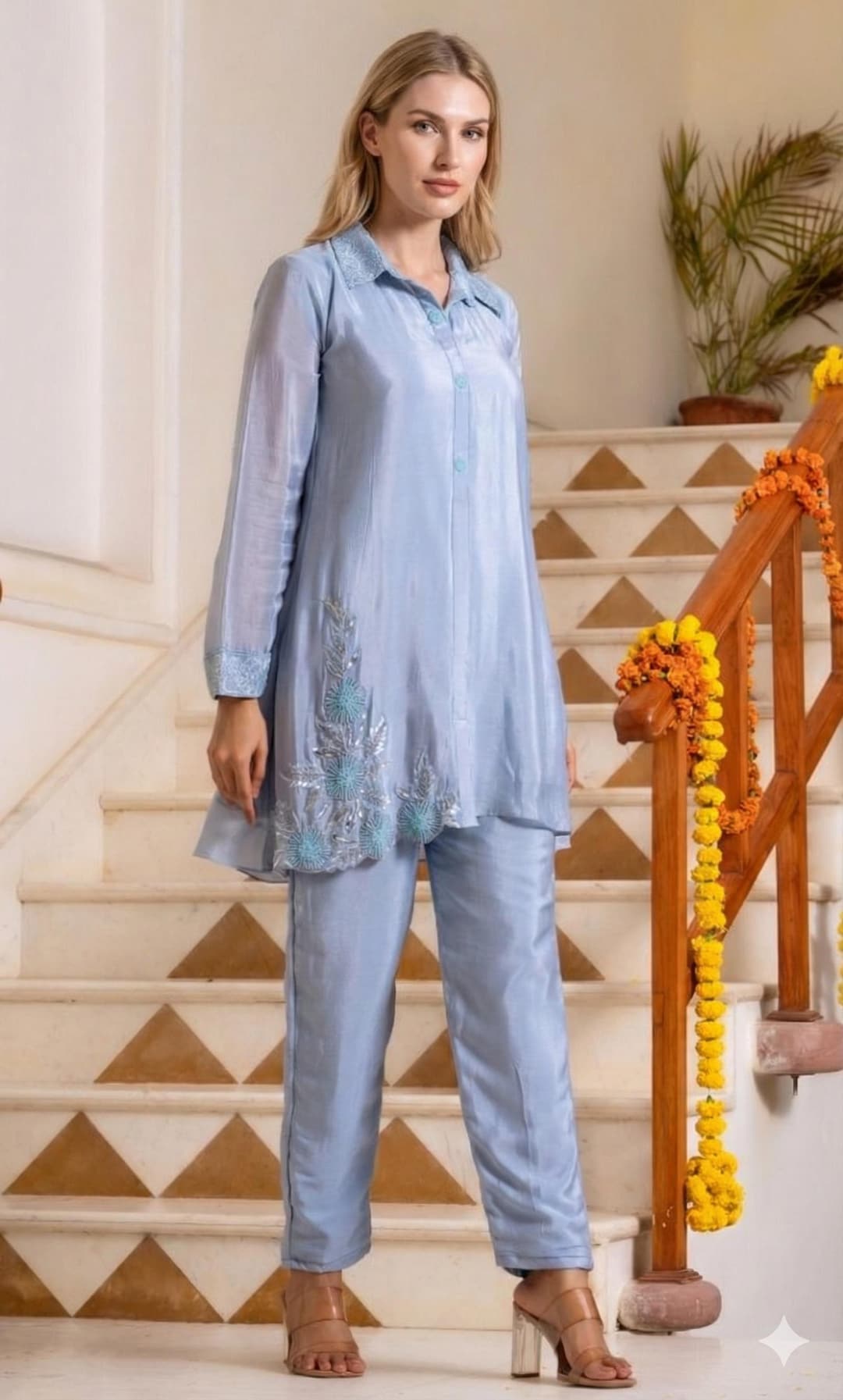 Blue Chinnon Handwork Co Ord Set | Women 2 Pcs Set | Blue Top Pant Co ...