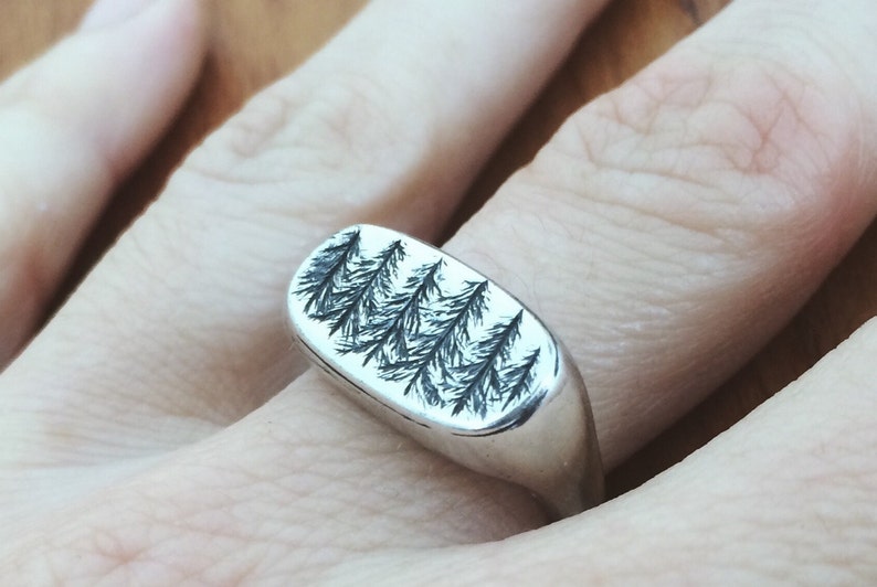 Engraved Pine Trees Signet Ring / Sterling Silver / Forest Ring - Etsy